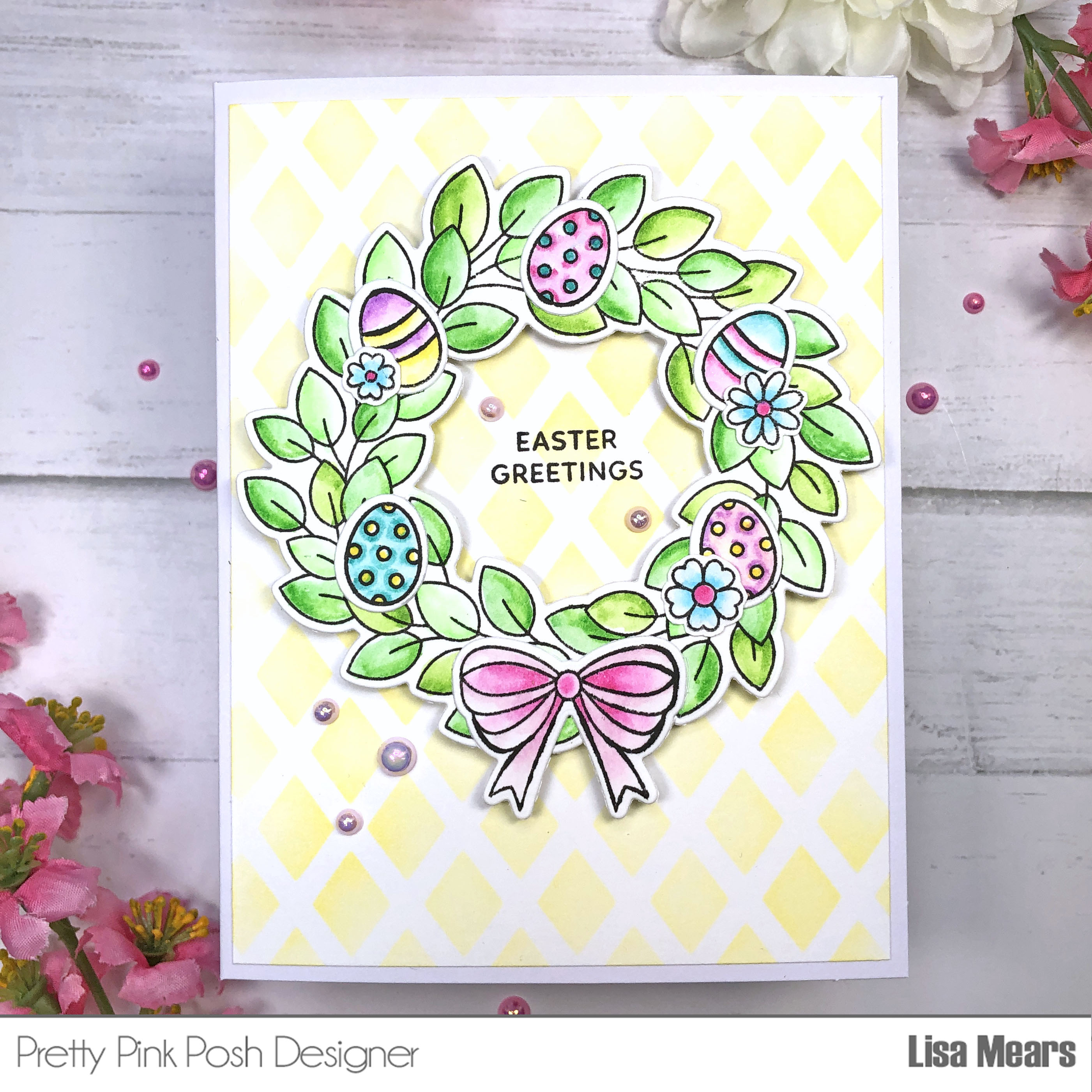 Leafy Spring Wreath Pretty Pink Posh | Easter Card – Lisa Mears Designs