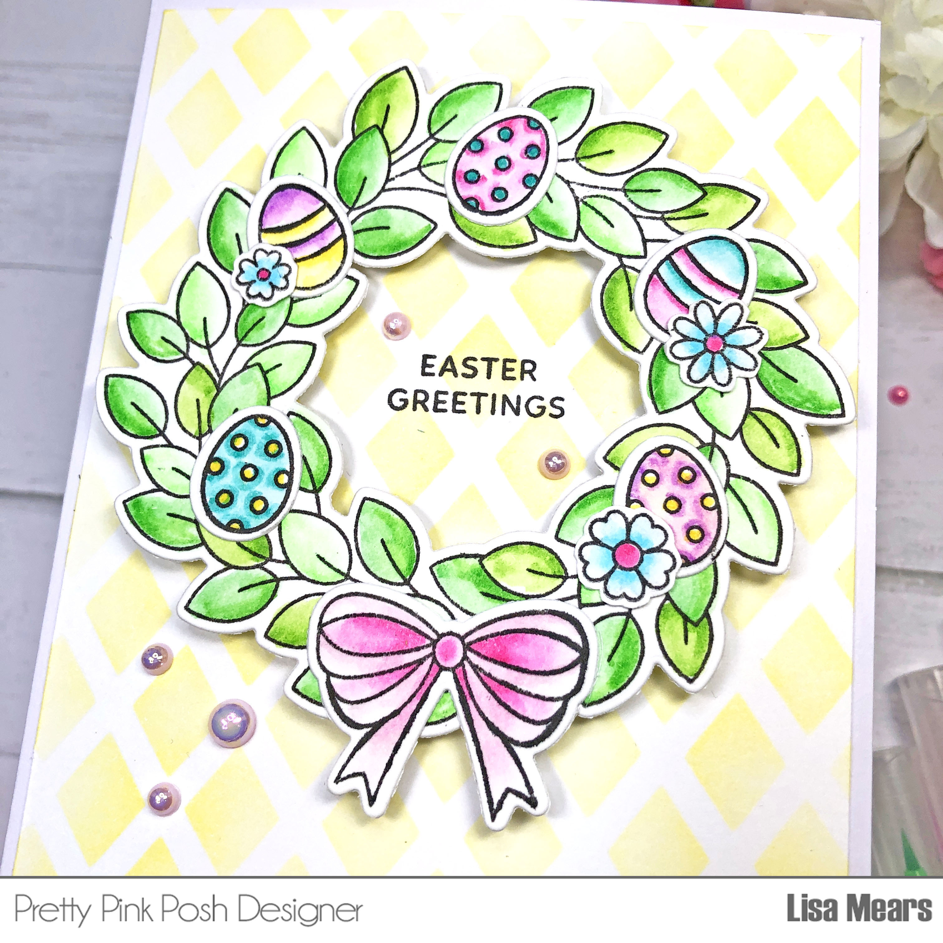 Leafy Spring Wreath Pretty Pink Posh | Easter Card – Lisa Mears Designs
